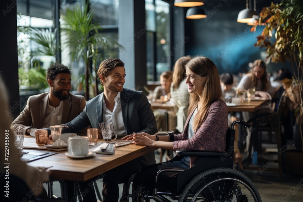 disabled people having meeting with wheelchairs, sitting around table ...