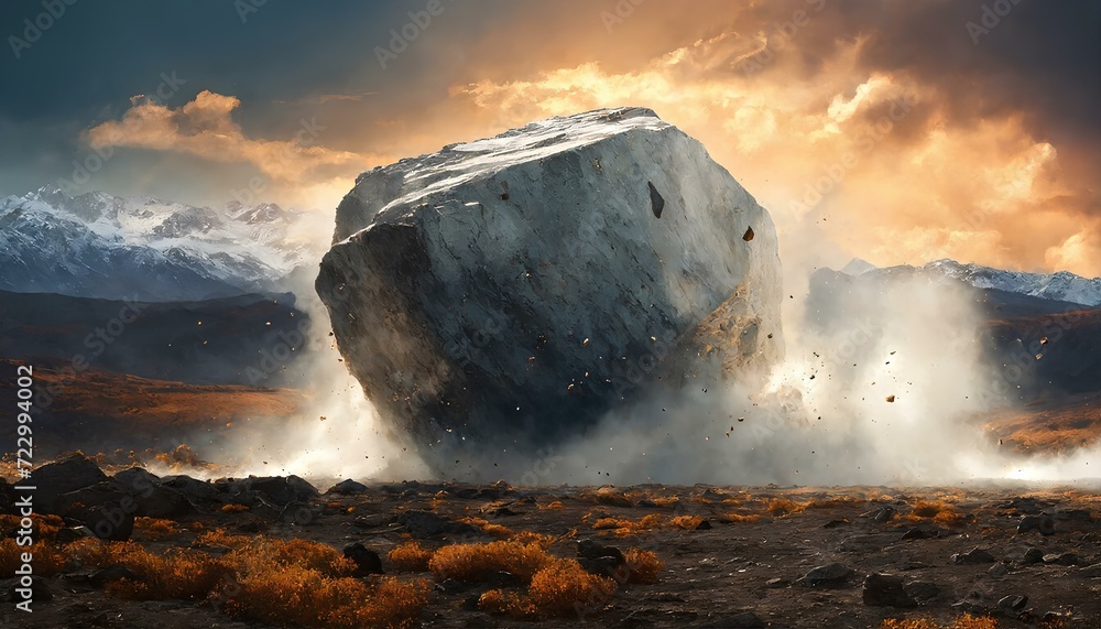 Rock stone white background fall black falling space isolated splash ...