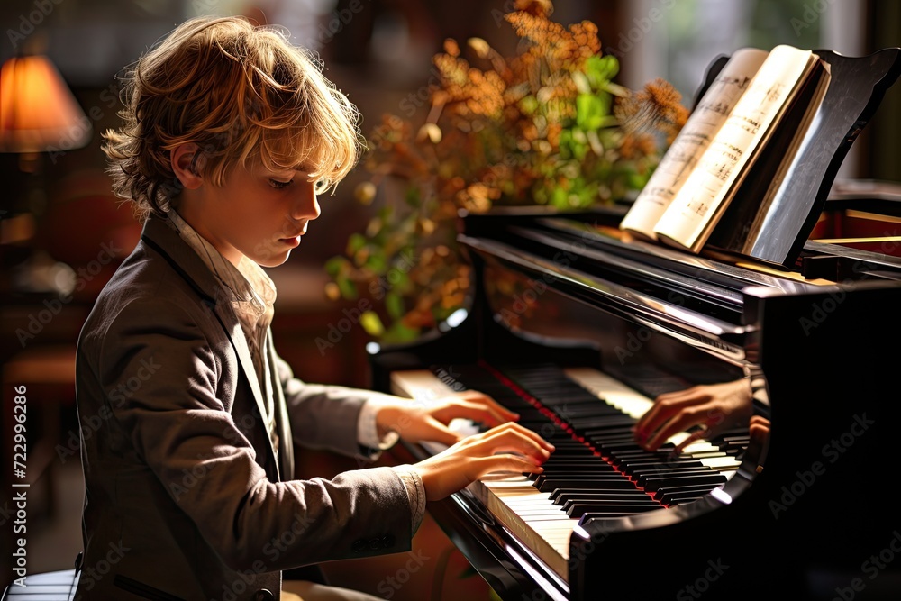 Boy Playing Digital Keyboard. Concentrated Schoolboy Learning to Play ...