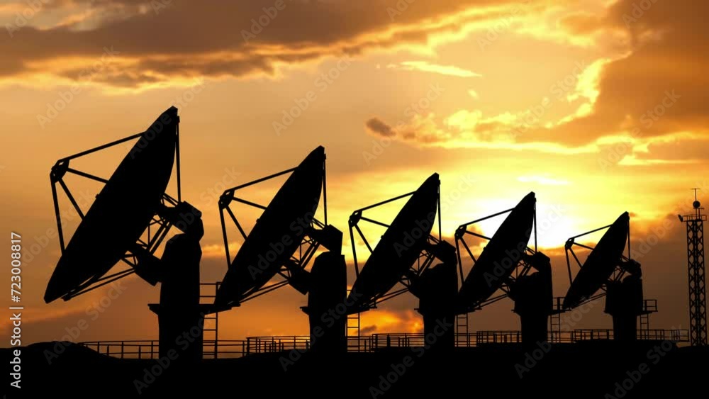 Black silhouette of big radar telescope outdoors over sunset sky. Row ...