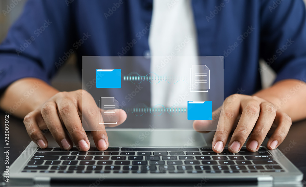 Document management system concept (DMS), Businessman working laptop ...