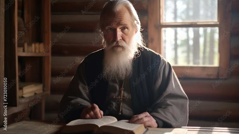 Orthodox priest in traditional robe holds open Bible standing in cell ...