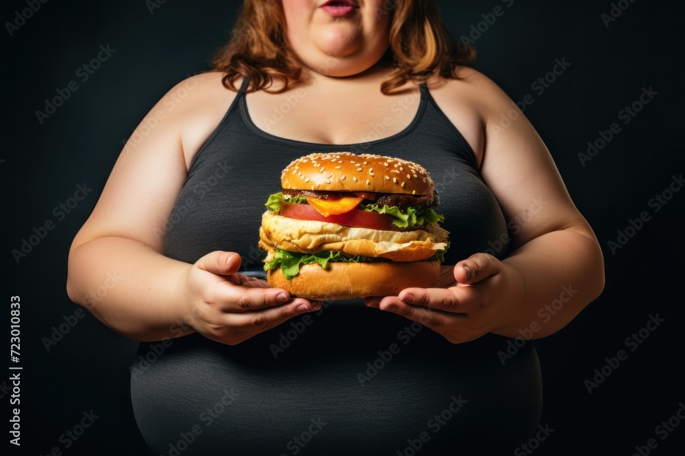 Fat woman with hamburger on black background. Overweight concept ...
