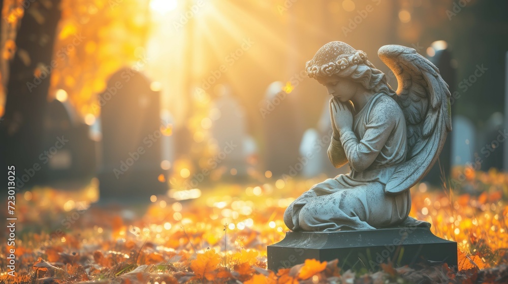 Angel statue grieving and praying on graveyard at golden hour in autumn ...