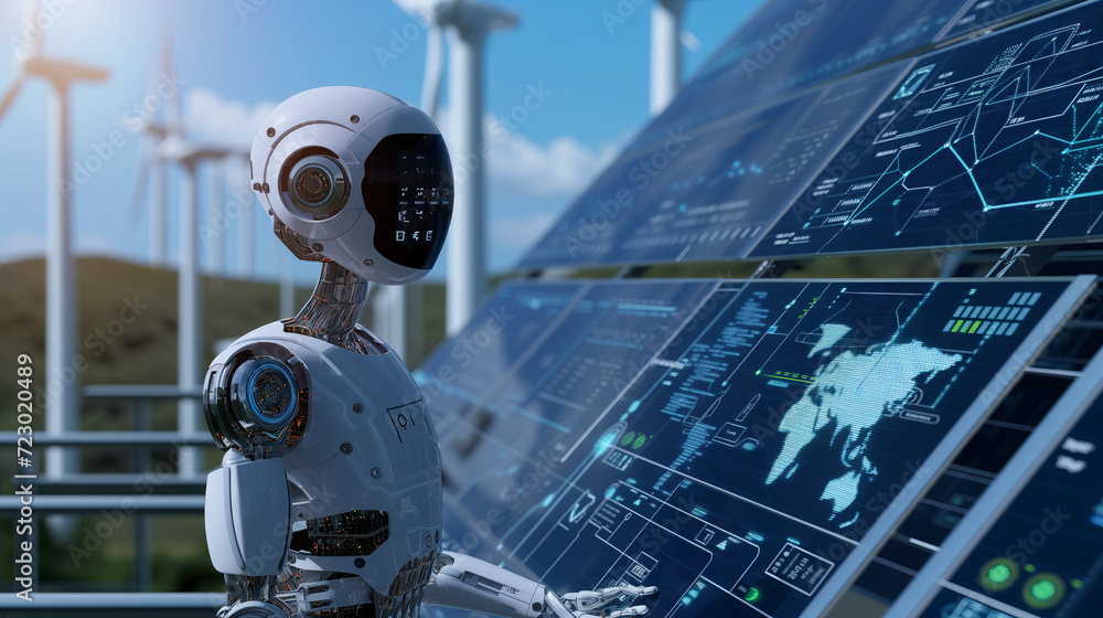 Robot Analyzing Data in Renewable Energy Control Room. A futuristic ...