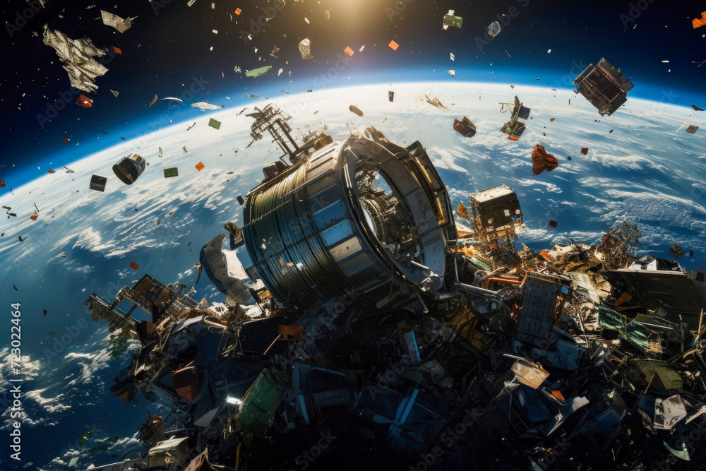 Generative AI image of a satellite caught in a chaotic sea of space ...
