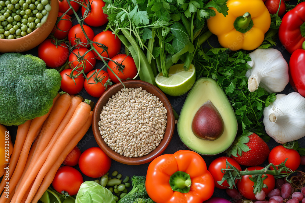 Colorful vegetables and fruits vegan food in rainbow colors. Assortment ...