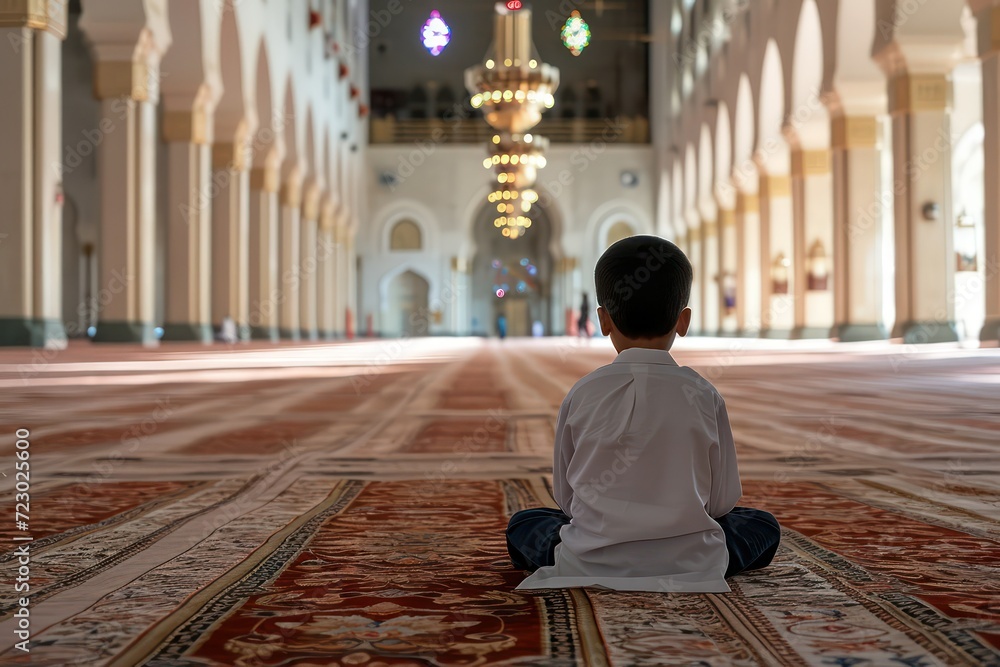 Muslim Male Child praying in empty Mosque Masjid, Islamic ramadan Eid ...