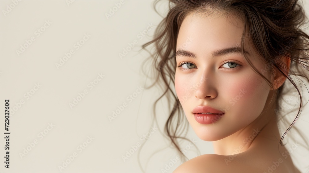 Beautiful model over shoulder portrait, brown hair and blue eyes, big ...