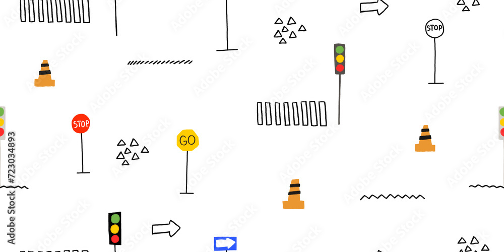 City pattern with road signs and markings. Road orange cones. Cute ...