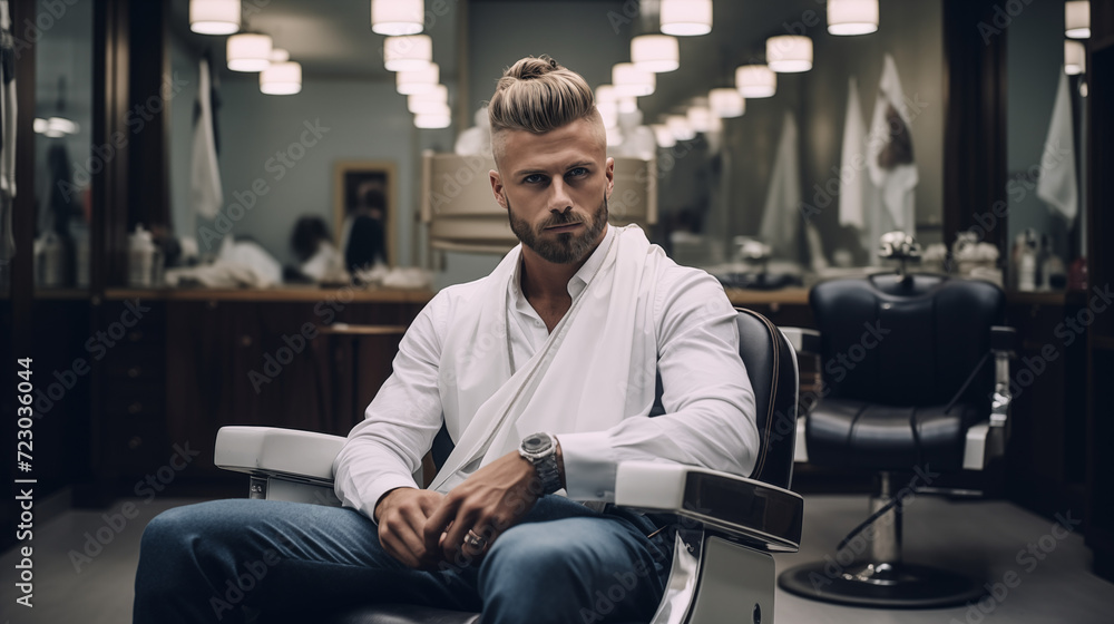 a modern barber shop, a handsome blue-eyed man relaxes in a sleek chair ...