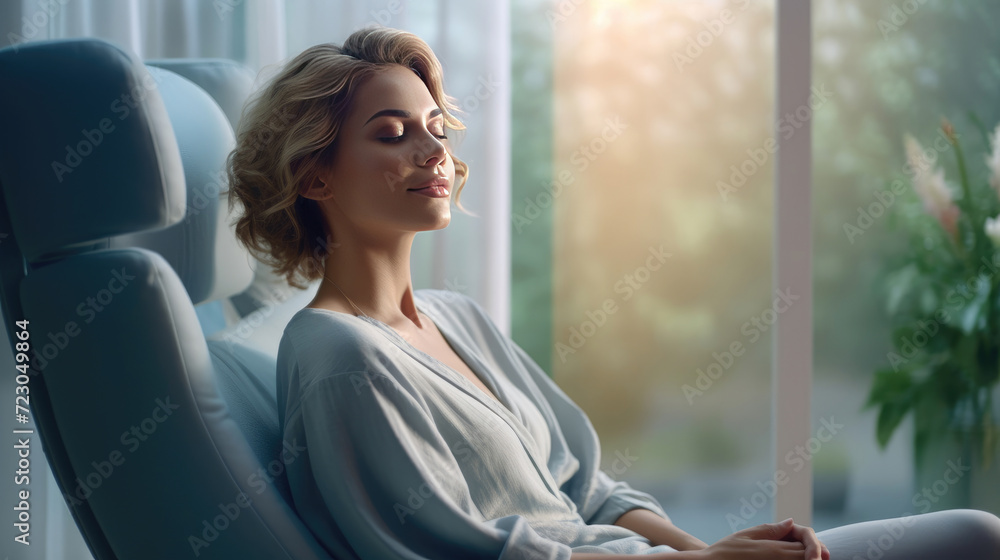 A woman's relaxation in a chair by the window, invoking a profound ...