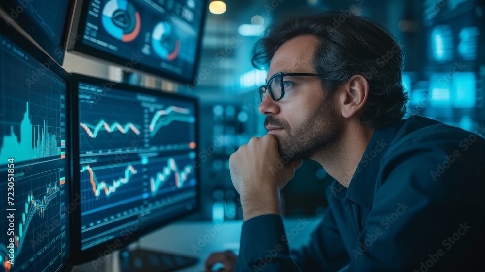 Digital screen, featuring graphs, static and data analysis. A male ...