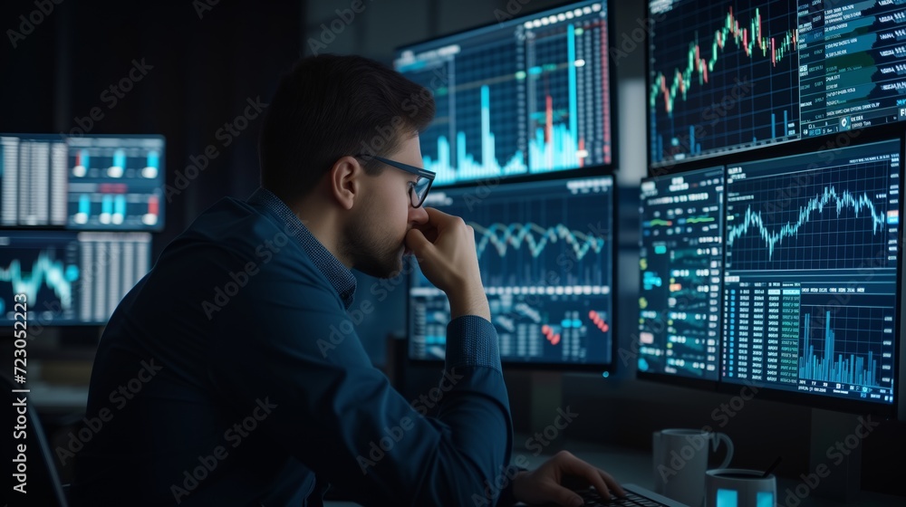 Digital screen, featuring graphs, static and data analysis. A male ...