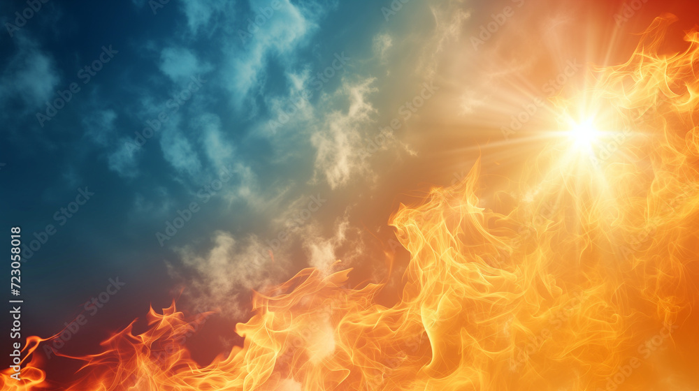 Abstract Blaze Background: A Roaring Fire Set Against a Vivid Blue Sky ...