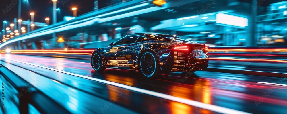 Automated self driving futuristic electric car driving on highway as ...