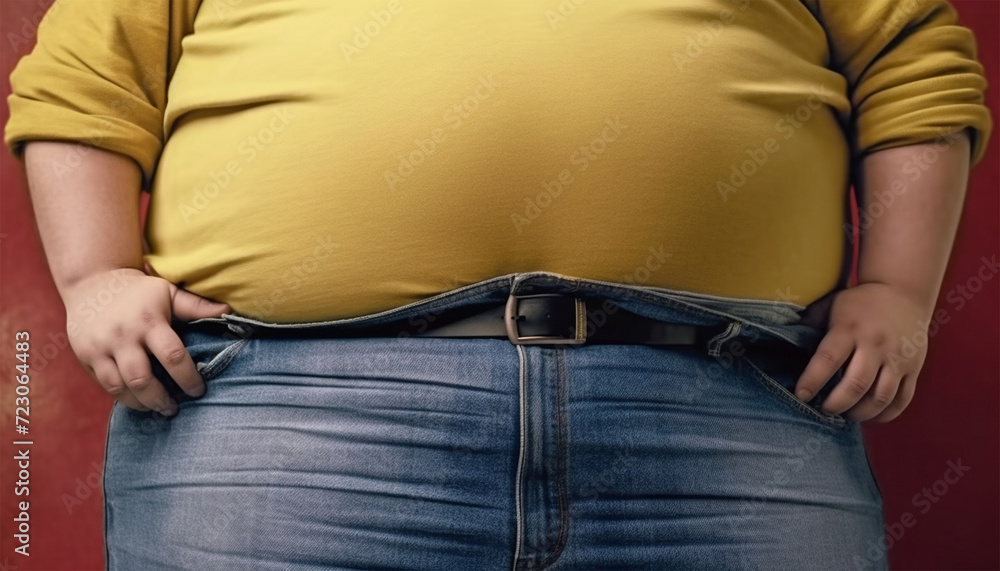 Troubled overweight woman in tight jeans clothes. Big chubby bellied in ...