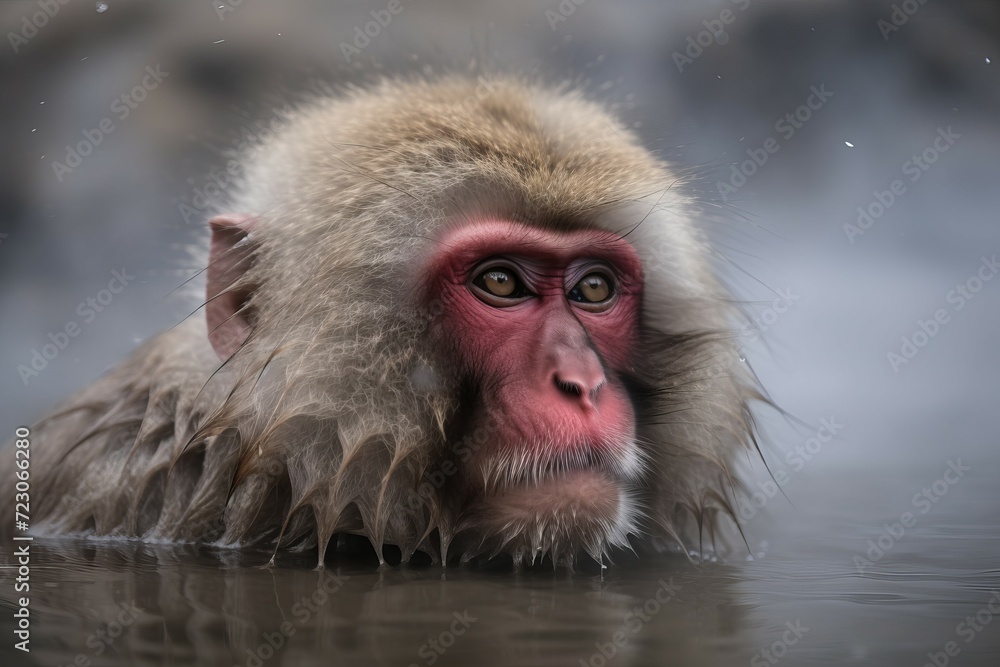 Japanese fluffy macaque in vaporing water. Rainforest adorable monkey ...