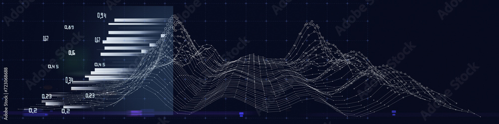 Abstract background grid polygonal wireframe graph with circles and data on dark blue ...