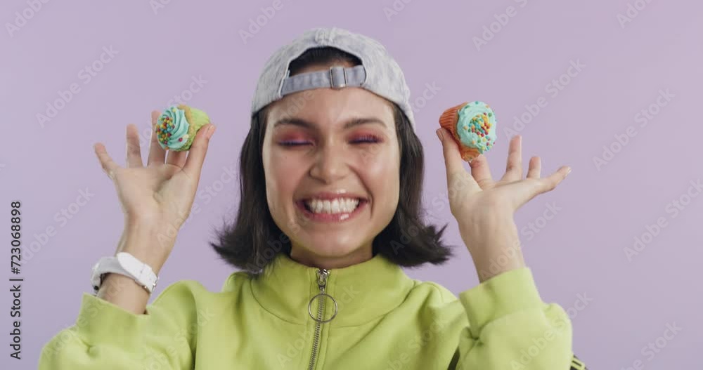 Woman, face and cupcake to cover eyes in studio and purple background ...