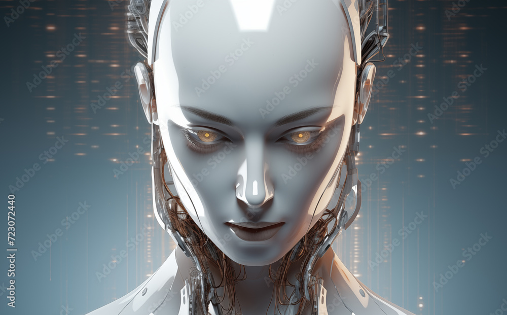 Cybergirl robotic humanoid portrait with many wires as robot nervous ...