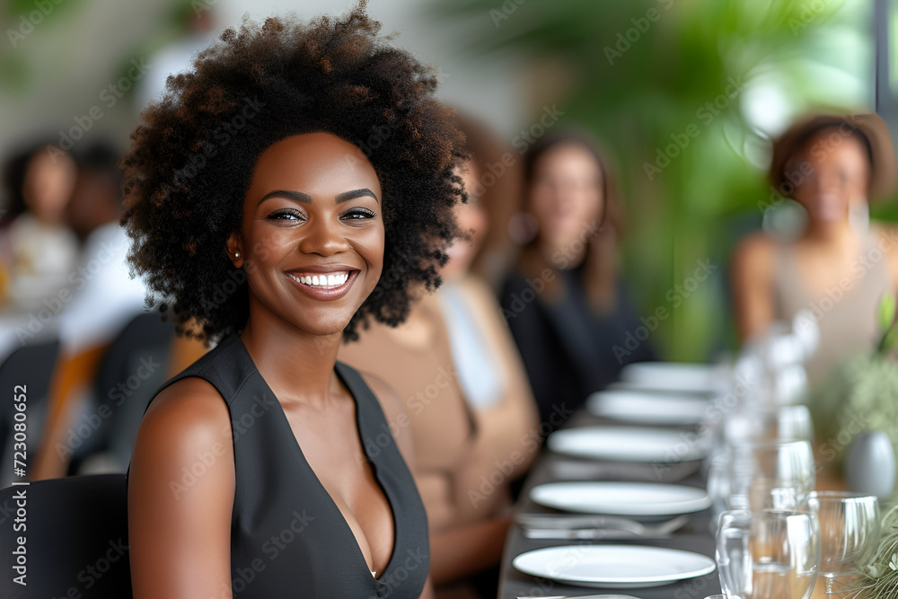 guests at a modern, well-lit event space, seated at a long table ...