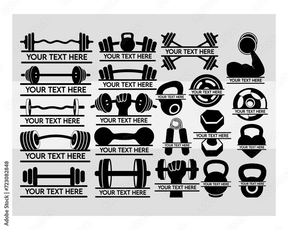 Vetor de Gym Equipment Split Monogram SVG, Gym Svg, Dumbbell set Svg ...
