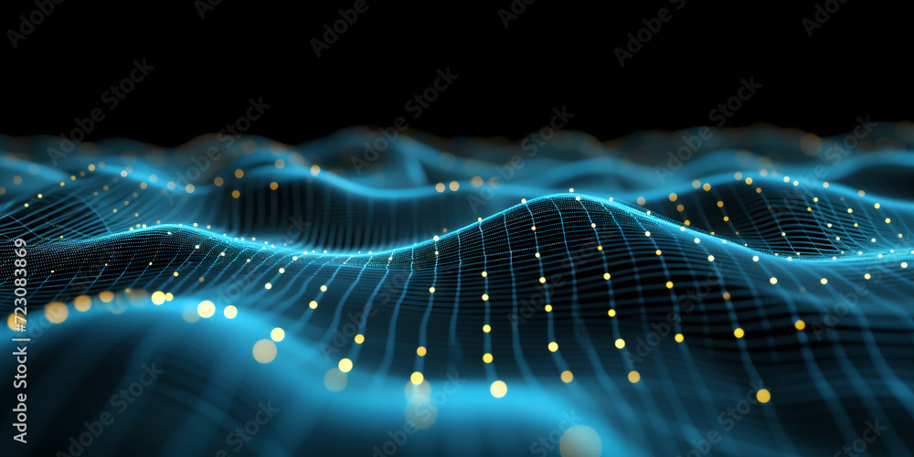 Abstract blue tech background with digital waves, dynamic network system, artificial neural ...