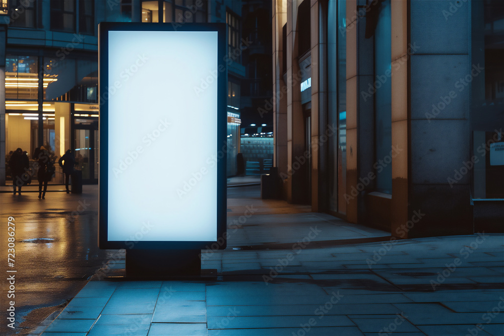 Vertical advertising stand in the street. Blank white street billboard ...