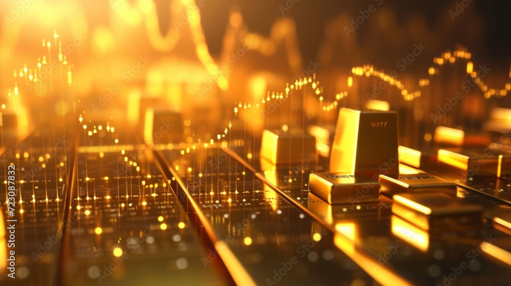 A creative visual of a gold investment chart, with shimmering gold bars ...