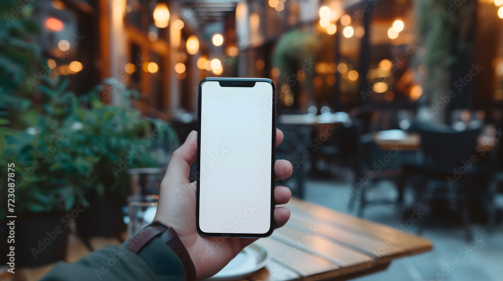 Hand holding an isolated smartphone device with blank empty white ...