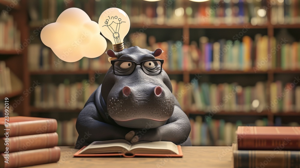 An animated hippo wearing glasses, reading books in a library, with a ...