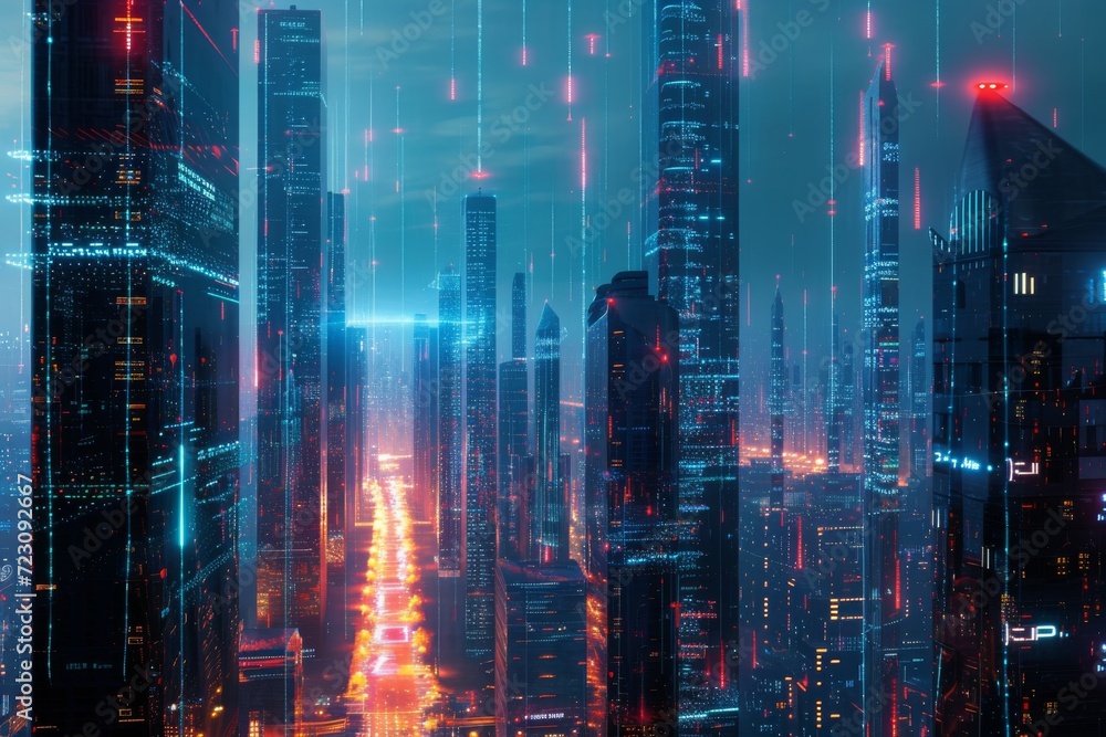 An illustration of a future cityscape with secure data towers and ...