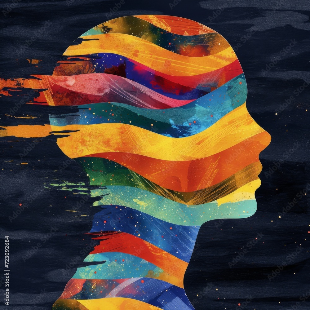 An illustration of a human head with a vibrant spectrum of colors and ...