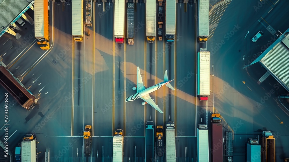 An overhead view of a logistic complex, showcasing trucks lined up for ...
