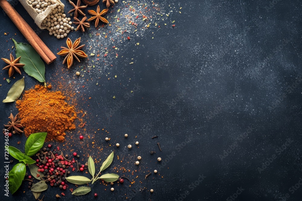 Several spices and leaves located at the edges, on dark chalkboard ...