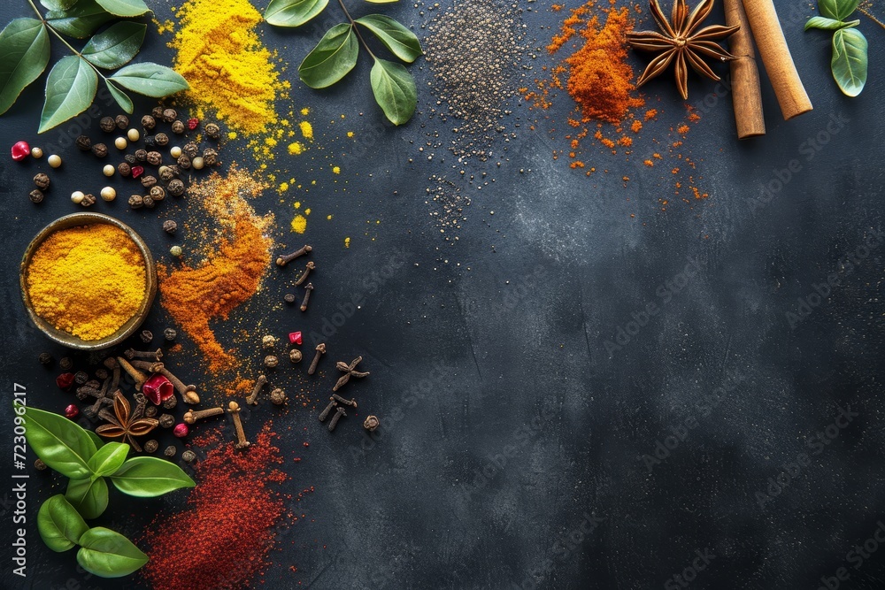 Several spices and leaves located at the edges, on dark chalkboard ...