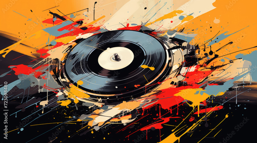 Vinyl record, abstract art and vibrant colors in musical expression ...