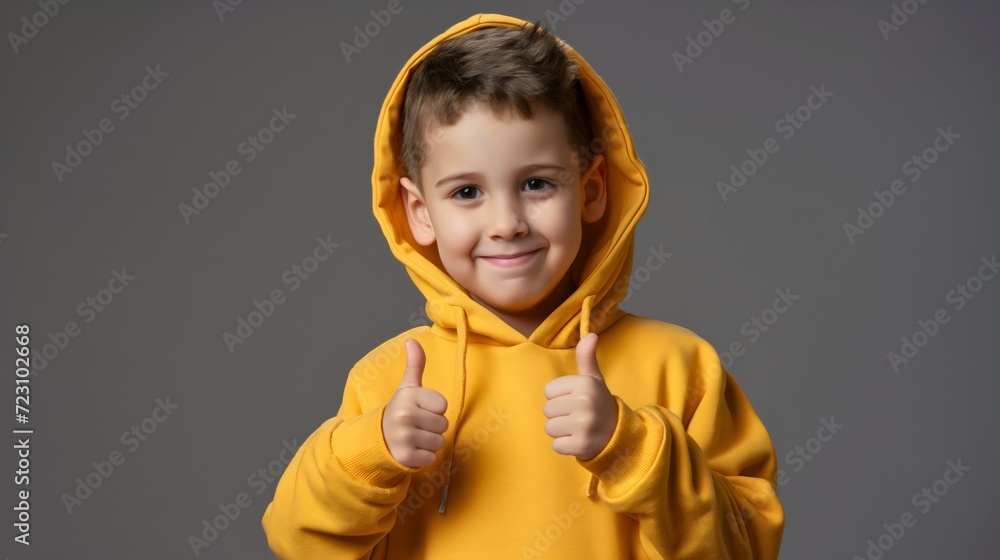 Cute young boy smiling and showing a thumbs up or like sign or gesture ...