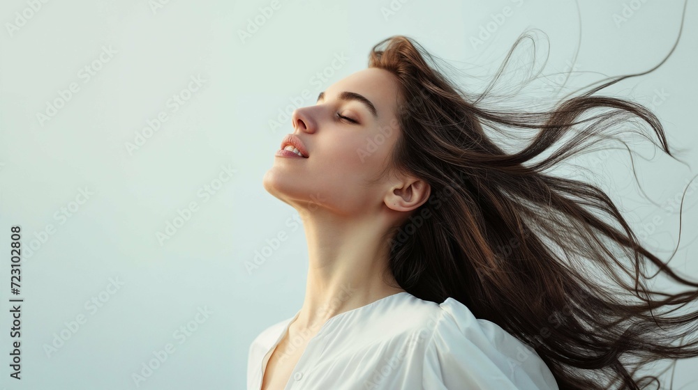 femme les yeux fermés en train de respirer profondément sur fond neutre ...