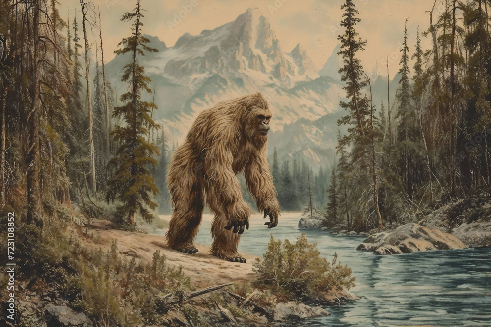 Bigfoot in the forest, antique old colored style art. Generative AI ...