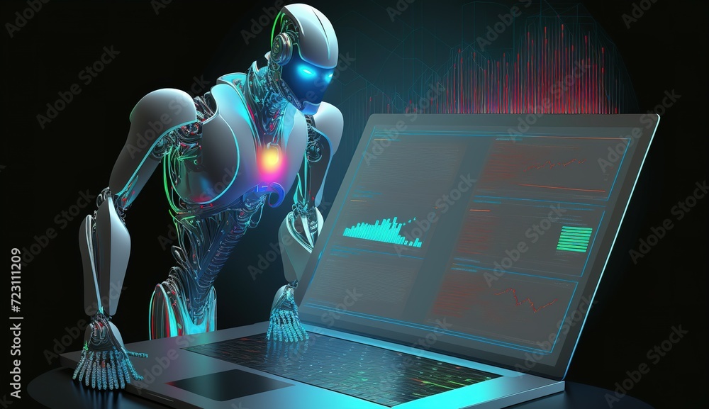 Robotic AI Assistant Emerging from Laptop. A 3D robot with a ...