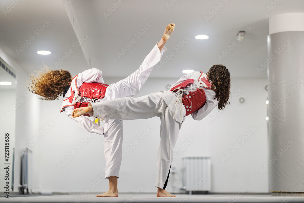 Taekwondo athletes in doboks practicing combat and attack at martial ...