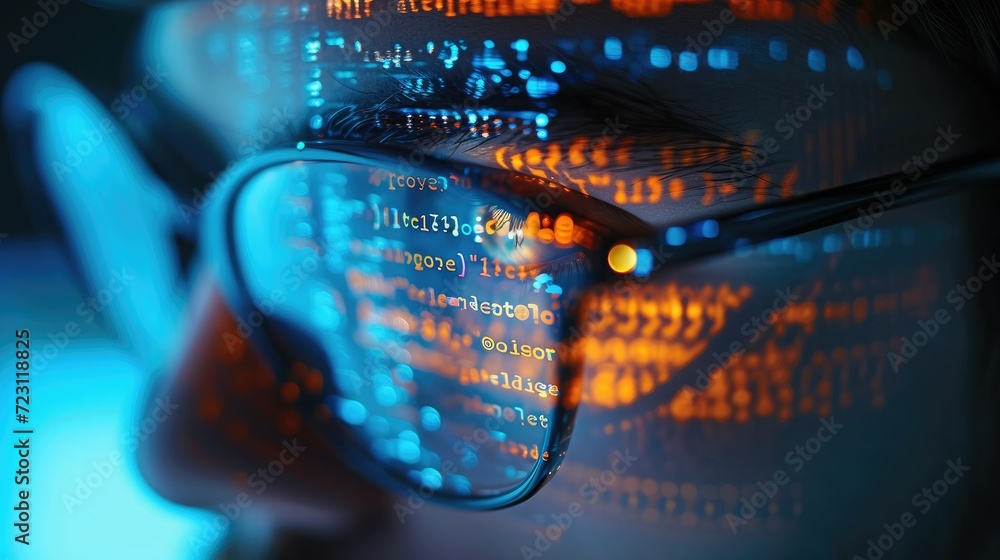 Extreme close up, mans spectacles, in the reflection computer code is ...