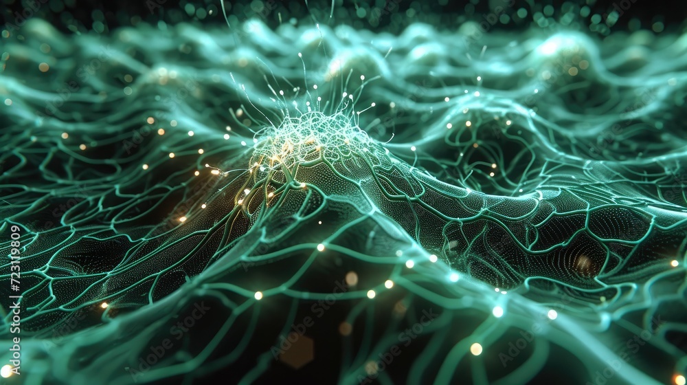 Network of hundreds of interconnected neurons that flash, one neuron is ...