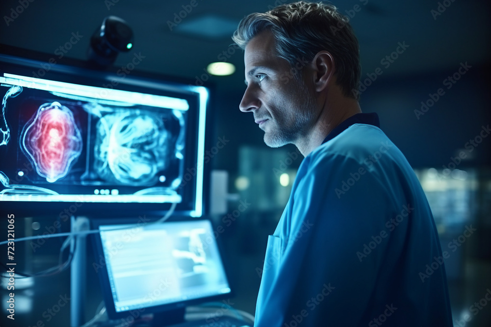 Experienced doctor in operation room analyzing x ray diagnosis surgeon ...