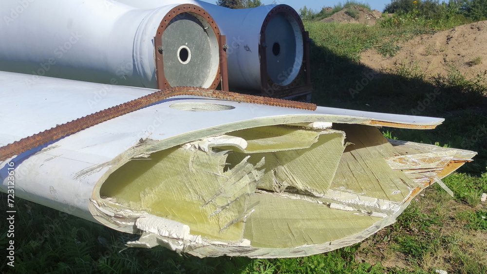 Destruction of the wind turbine blade of a wind farm. Damage to a wind ...