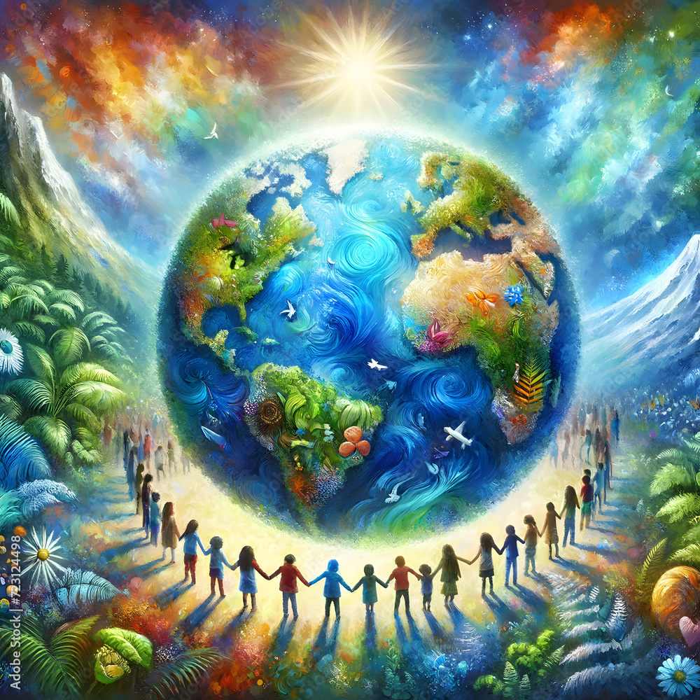 A circle of people holding hands around a stylized Earth with a vibrant ...