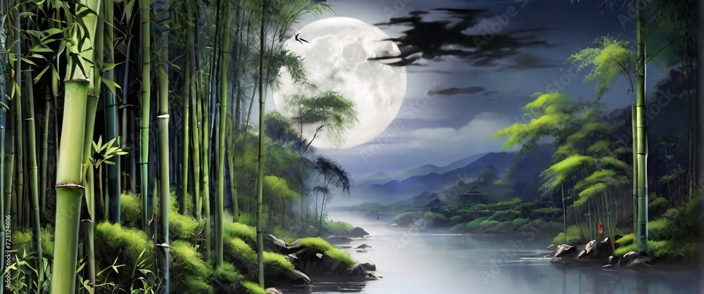 Moonlit Bamboo Forest. A dense bamboo forest bathed in the soft ...
