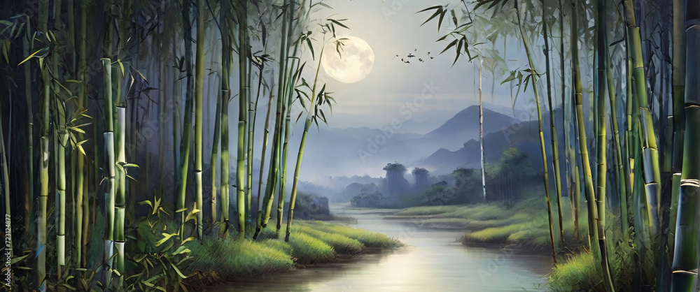 Moonlit Bamboo Forest. A dense bamboo forest bathed in the soft ...